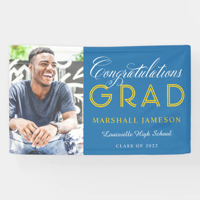 Blue and Gold Congratulations Graduation Photo Banner | Zazzle