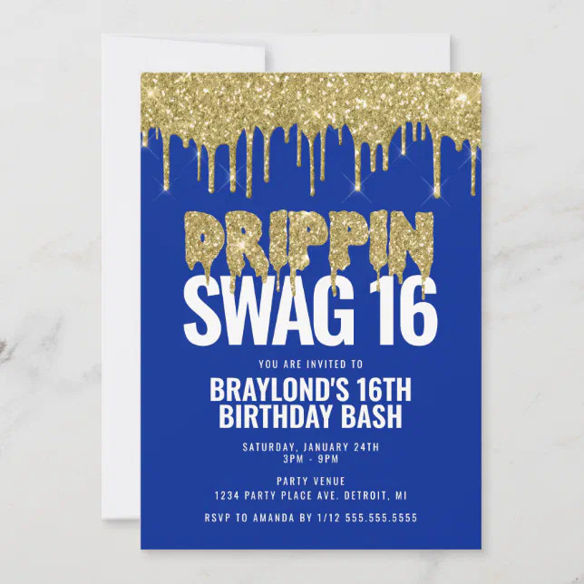 Blue and Gold Drippin Swag 16 Birthday Invitation | Zazzle