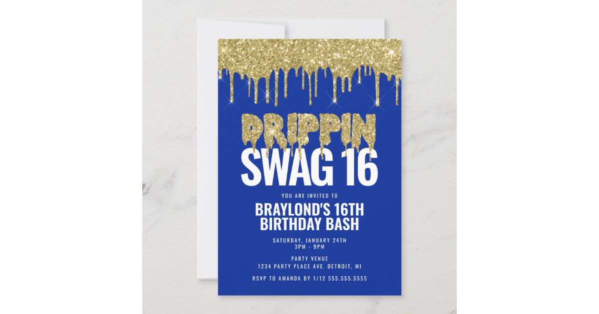 Blue and Gold Drippin Swag 16 Birthday Invitation | Zazzle
