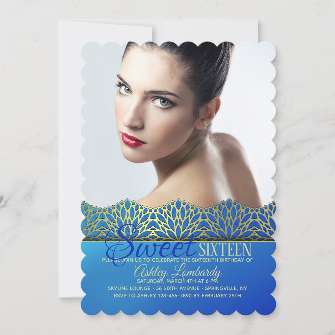 Blue and Gold Edging Photo Invitation | Zazzle