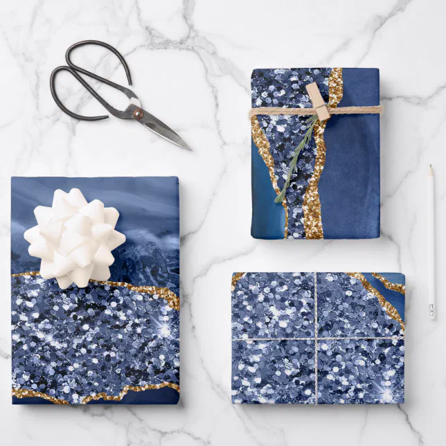 Blue and Gold Faux Glitter Agate Wrapping Paper Sheets | Zazzle