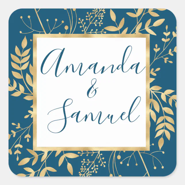 Blue and Gold Frame Modern Square Sticker | Zazzle