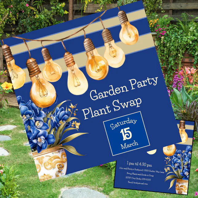 Blue and Gold Garden Party and Plant Swap Invitation | Zazzle