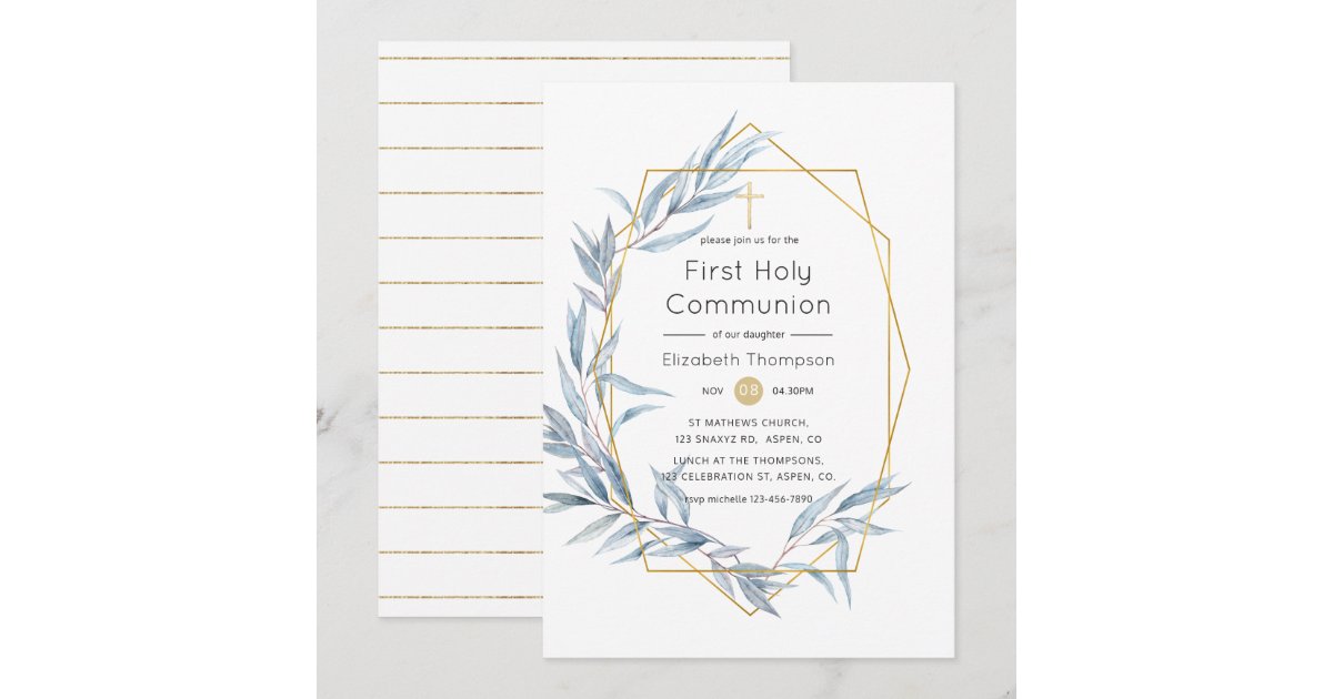 Blue and Gold Geometric Eucalyptus Holy Communion Invitation | Zazzle