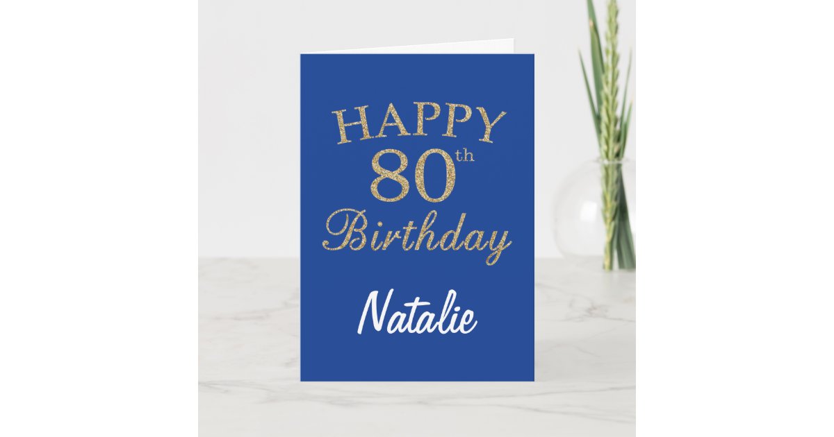 Blue and Gold Glitter 80th Birthday Card | Zazzle