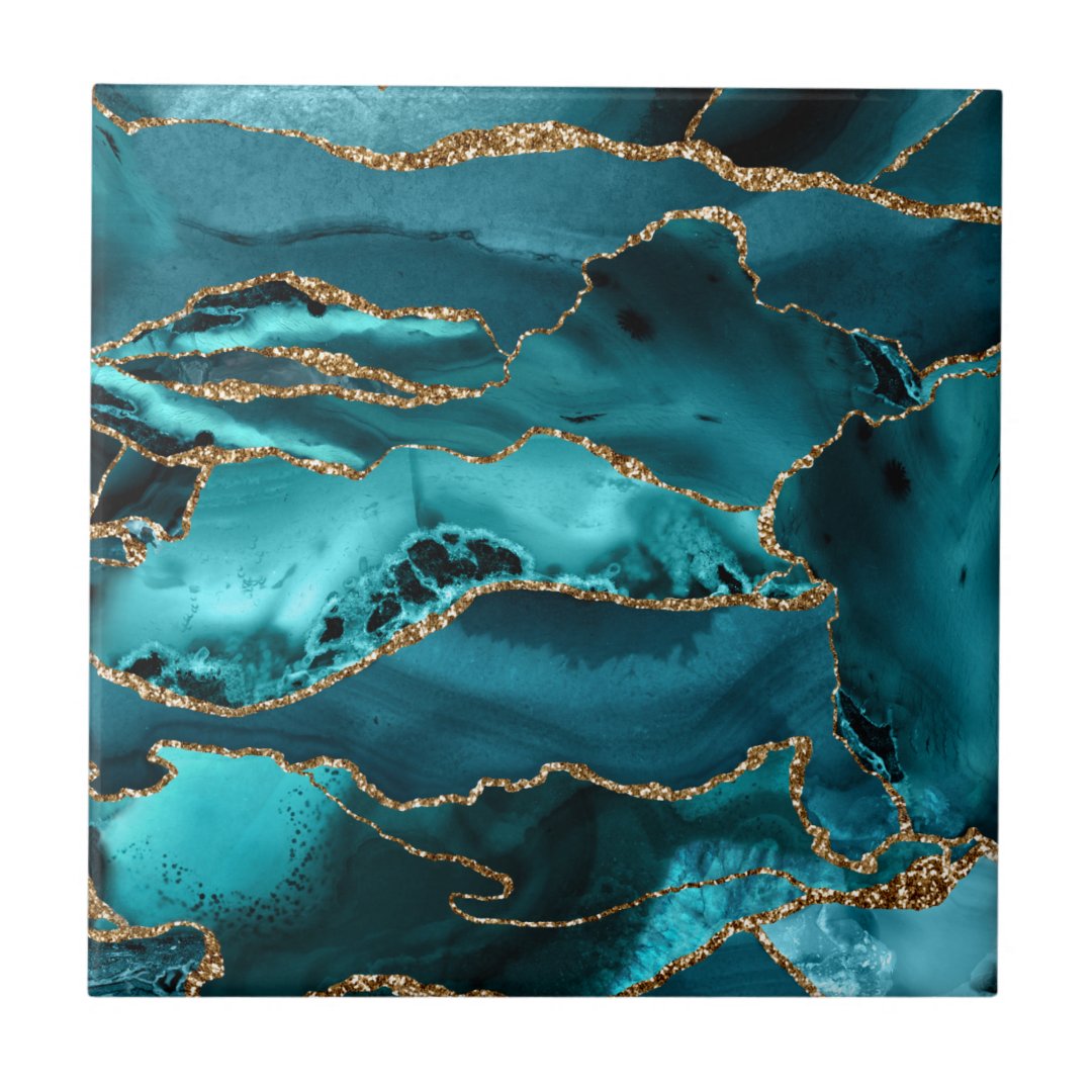 Blue and Gold Glitter Agate Ceramic Tile | Zazzle