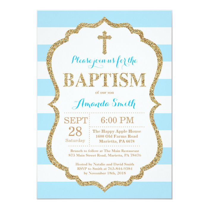 Blue and Gold Glitter Baptism Invitation | Zazzle.com