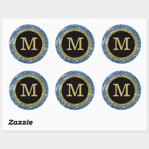 Blue And Gold Glitter Monogrammed Classic Round Sticker | Zazzle