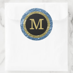 Blue And Gold Glitter Monogrammed Classic Round Sticker | Zazzle
