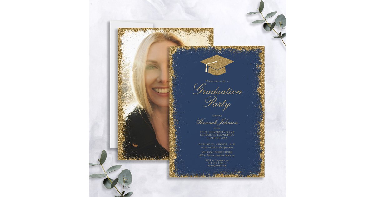 Blue and Gold Glitter Photo Graduation Party Invitation | Zazzle