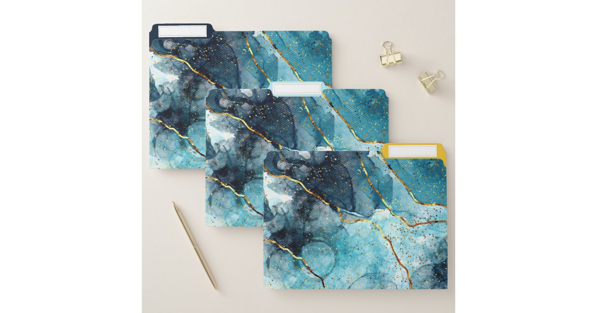 Blue and gold glittery marble file folder | Zazzle