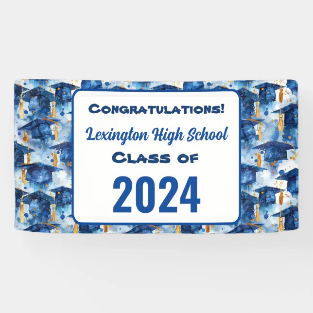 Blue and Gold Graduation Cap Custom Party Banner | Zazzle