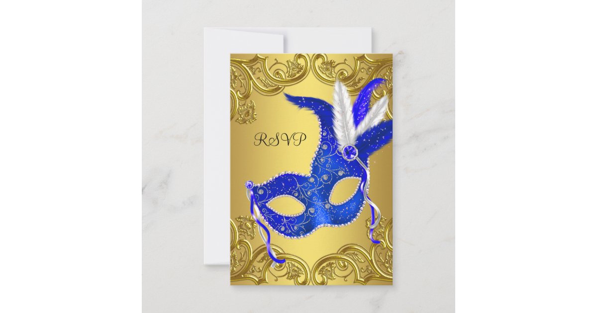 Blue and Gold Masquerade Party RSVP | Zazzle