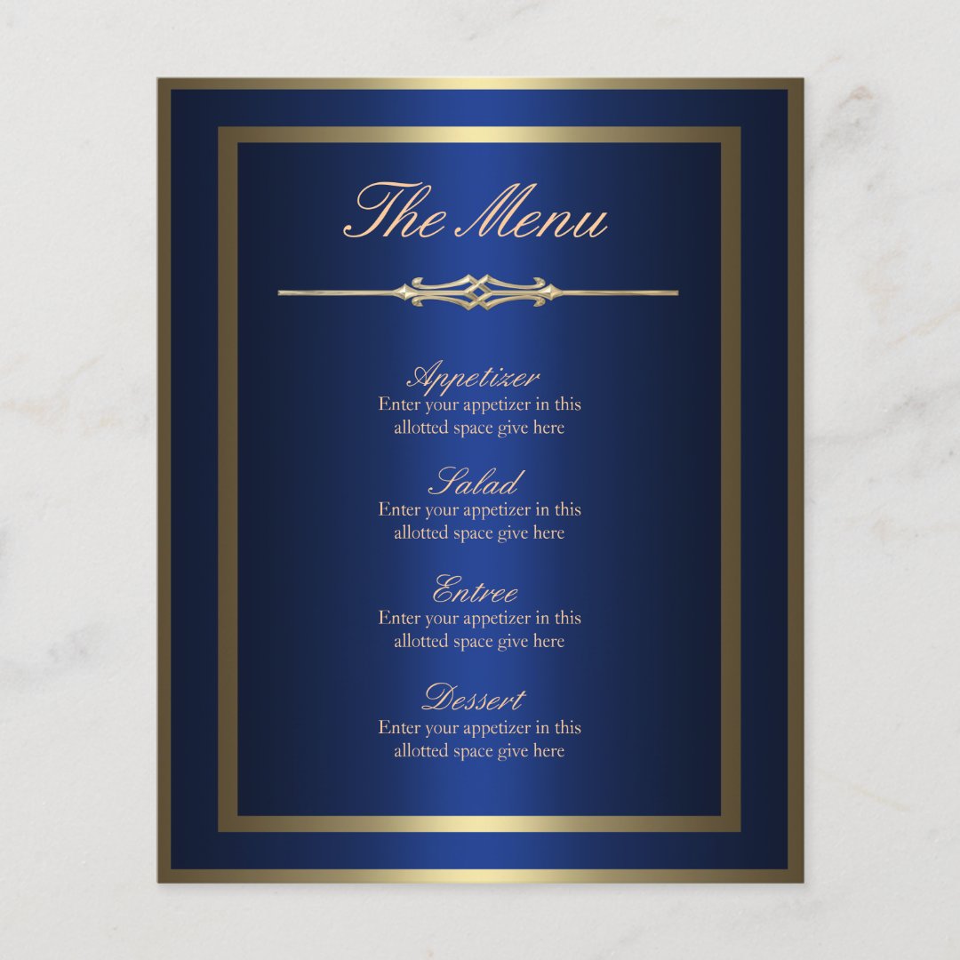 Blue and Gold Menu Card | Zazzle