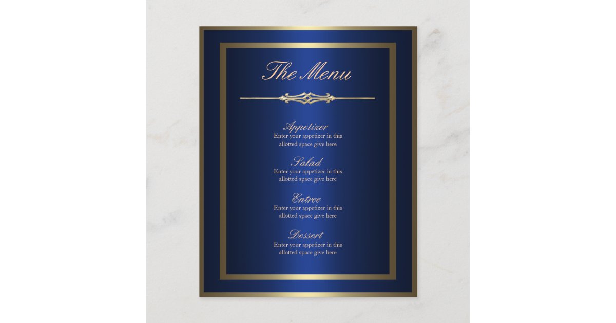 Blue and Gold Menu Card | Zazzle