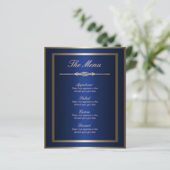 Blue and Gold Menu Card | Zazzle