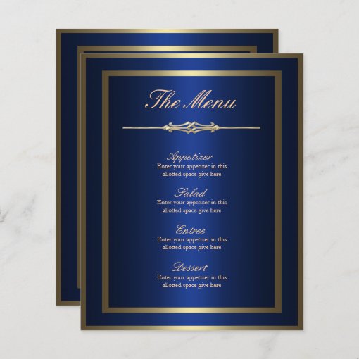 Blue and Gold Menu Card | Zazzle