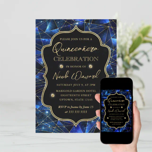 Blue and Gold Midnight Crystal Galaxy Quinceanera Invitation | Zazzle