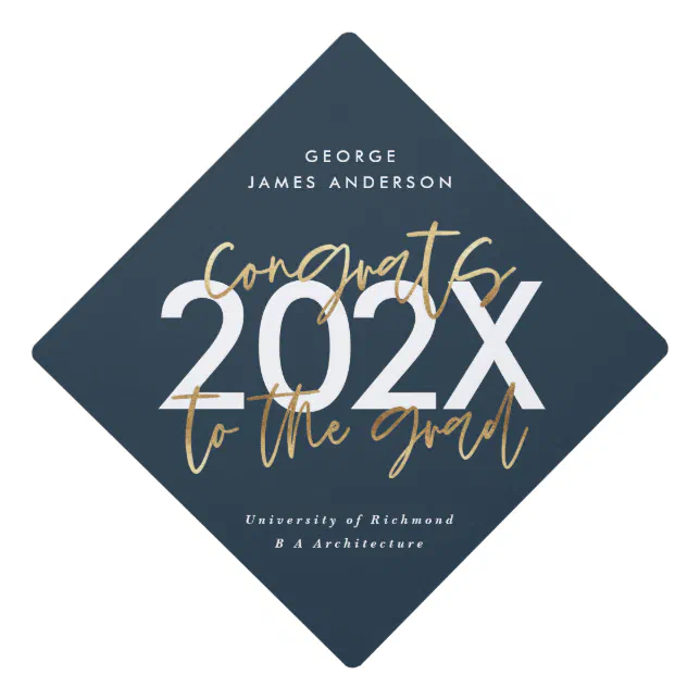 Blue and gold modern script photo graduation graduation cap topper | Zazzle