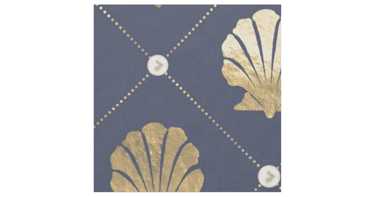 Blue and Gold Nautical Shell Pattern Fabric | Zazzle