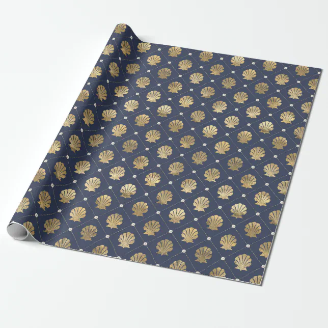 Blue and Gold Nautical Shell Pattern Wrapping Paper | Zazzle