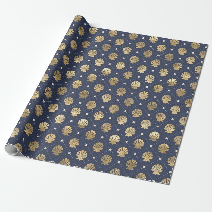 Blue and Gold Nautical Shell Pattern Wrapping Paper | Zazzle.com
