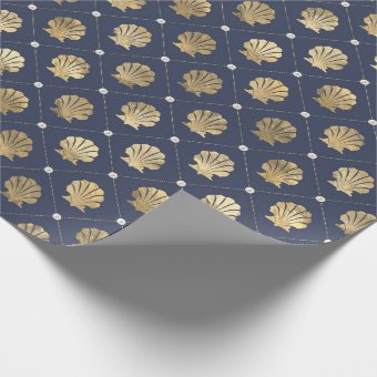 Blue and Gold Nautical Shell Pattern Wrapping Paper | Zazzle