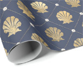 Blue and Gold Nautical Shell Pattern Wrapping Paper | Zazzle