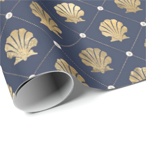 Blue and Gold Nautical Shell Pattern Wrapping Paper | Zazzle
