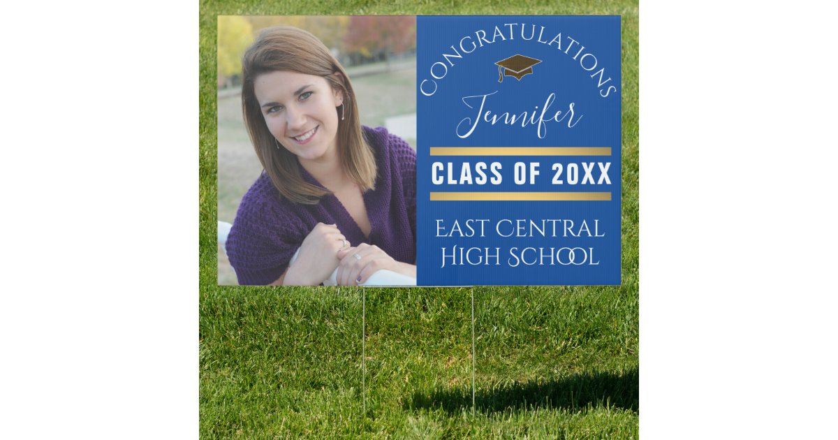 Blue and Gold Senior Photo Outdoor Graduation Sign | Zazzle