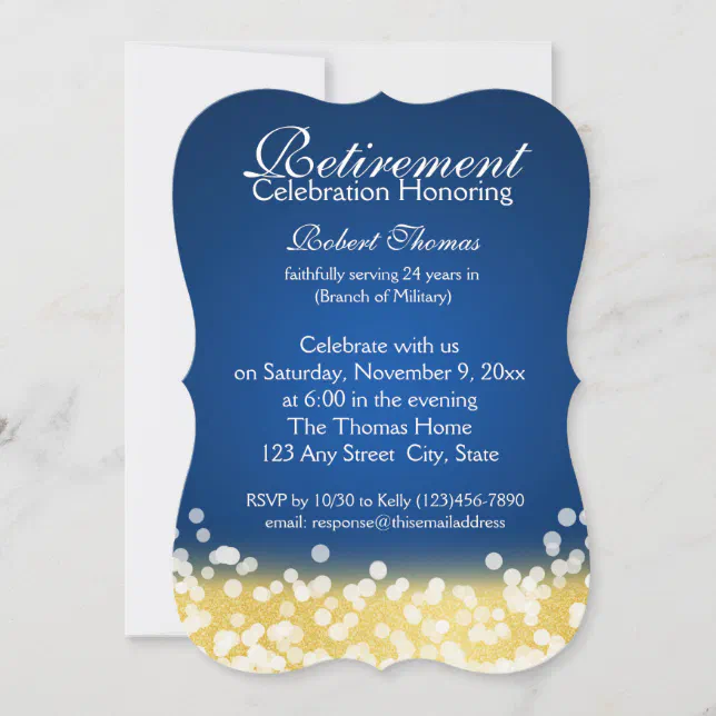 Blue and Gold Sparkle Lights Retirement Party Invitation | Zazzle
