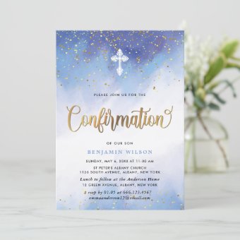 Blue And Gold Watercolor Boy Confirmation Invitation | Zazzle
