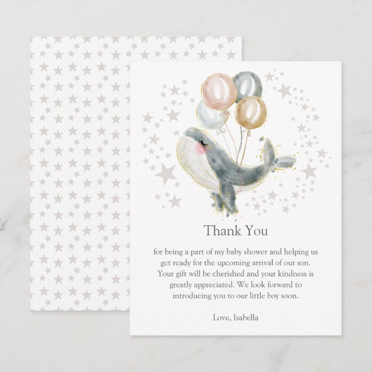 Blue and Gold Watercolor Cute Whale Thank You Card | Zazzle