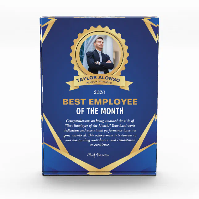 Blue and Golden Design Employee of the month Acrylic Award | Zazzle