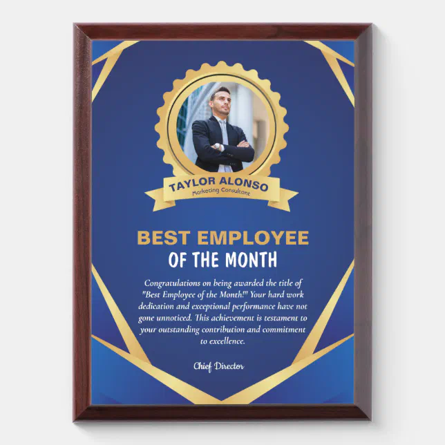 Blue and Golden Design Employee of the month Award Plaque | Zazzle