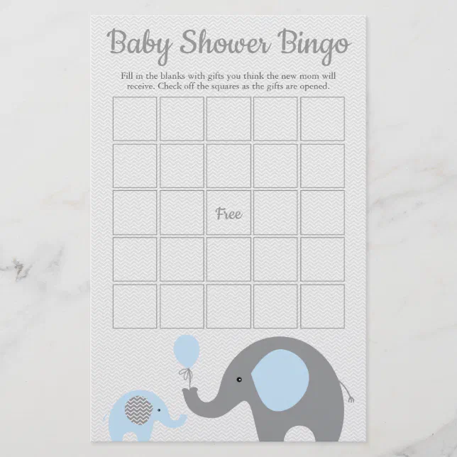 Blue and Gray Elephant Baby Shower Bingo Game Card Flyer | Zazzle