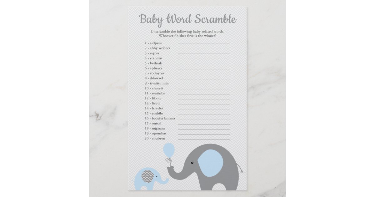 Blue and Gray Elephant Baby Shower Word Scramble Flyer | Zazzle