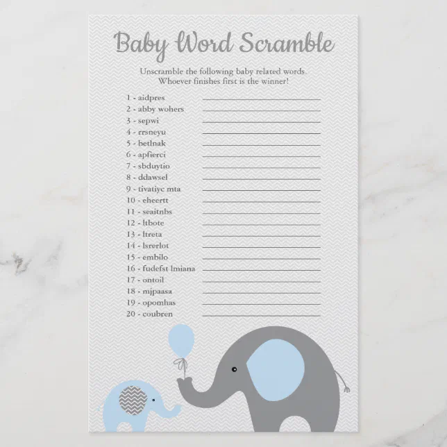 Blue and Gray Elephant Baby Shower Word Scramble Flyer | Zazzle