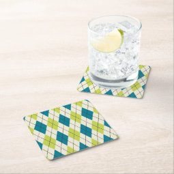 Blue And Green Argyle Square Paper Coaster | Zazzle