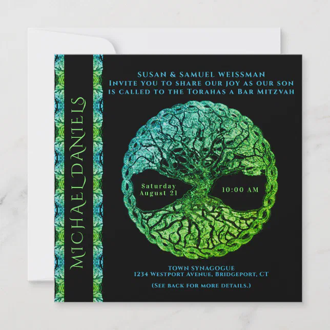 Blue and Green Bar Mitzvah Tree of Life Invitation | Zazzle