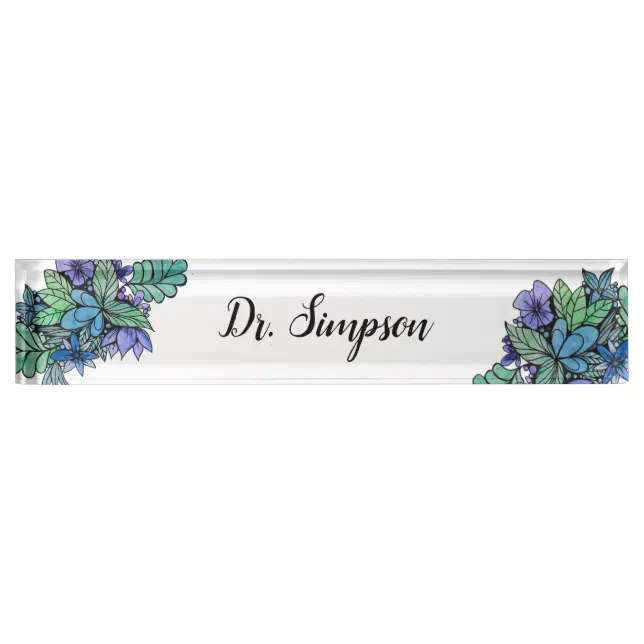 Blue and green floral watercolour art desk name plate | Zazzle
