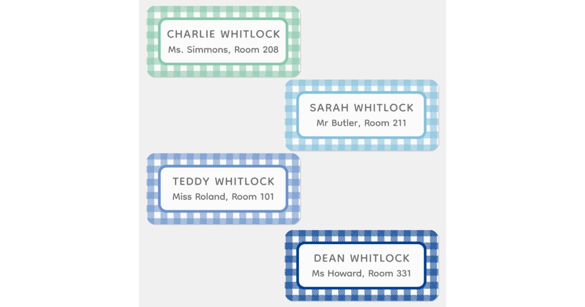 Blue and Green Gingham Plaid Four Kid School Labels | Zazzle