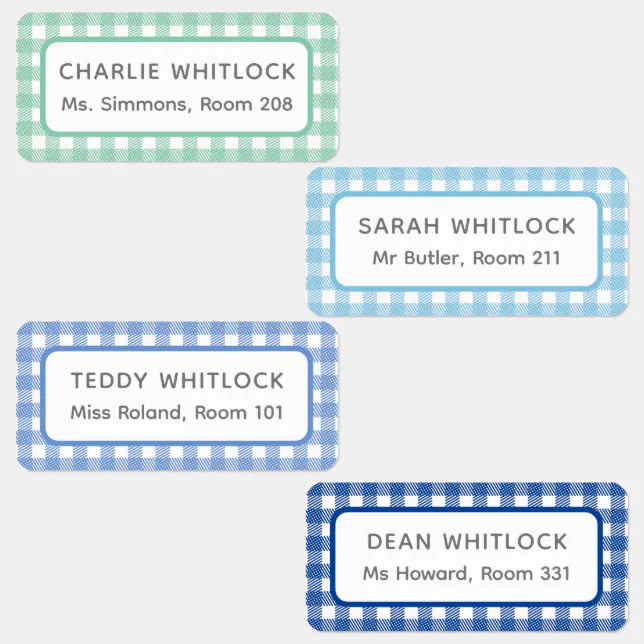 Blue and Green Gingham Plaid Four Kid School Labels | Zazzle