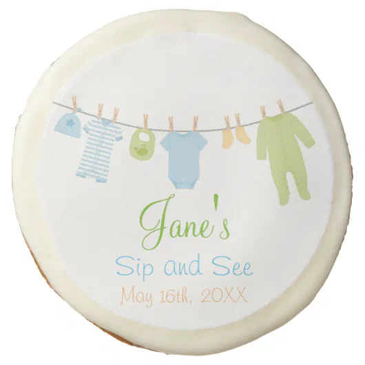 Blue and Green Little Clothes Sip and See Sugar Cookie | Zazzle