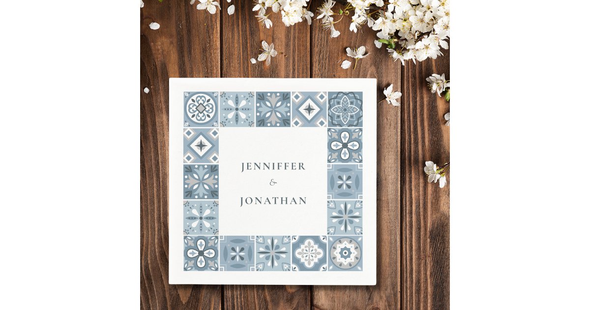Blue and grey spanish tiles napkins | Zazzle