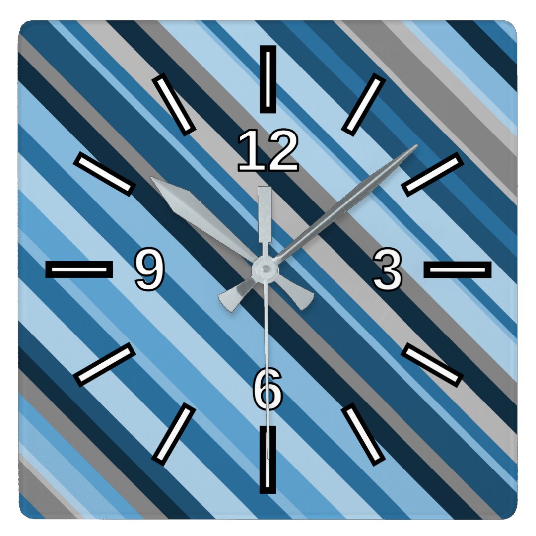 Blue and Grey Stripes Square Clock | Zazzle