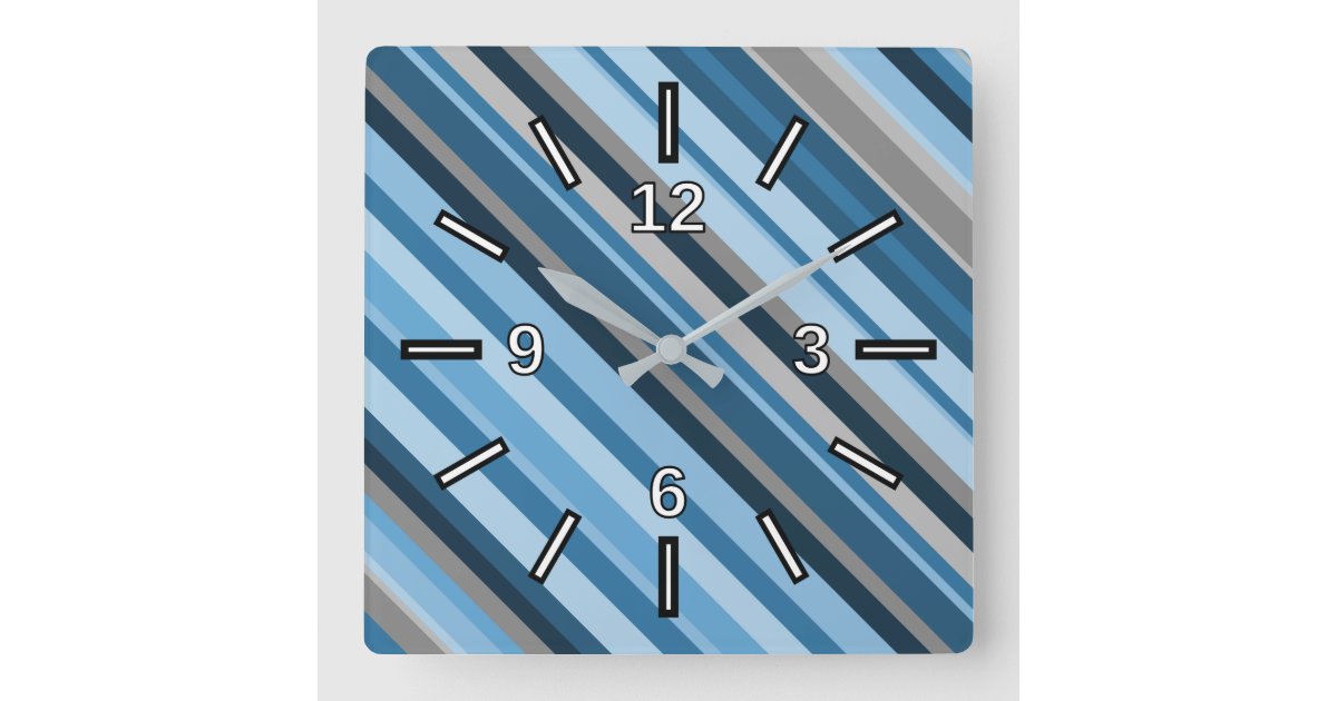 Blue and Grey Stripes Square Clock | Zazzle