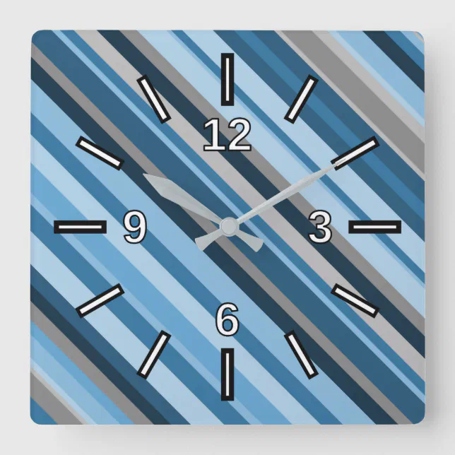 Blue and Grey Stripes Square Clock | Zazzle