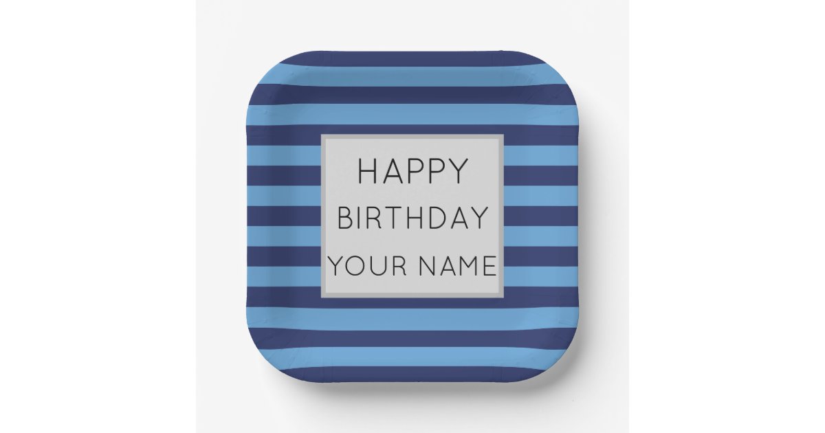 Blue And Light Blue Striped Happy Birthday Paper Plates | Zazzle