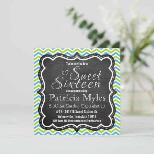 Blue and Lime Chevron Chalkboard Sweet 16 Party Invitation | Zazzle
